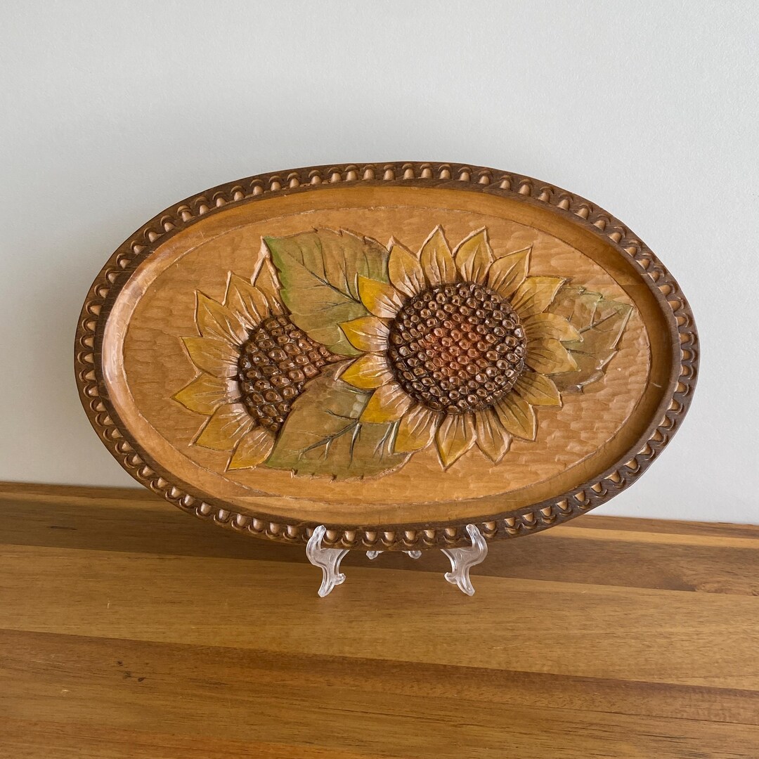 Folk Art Sunflower Tray...vintage Hand Carved Flower Plate...rustic ...