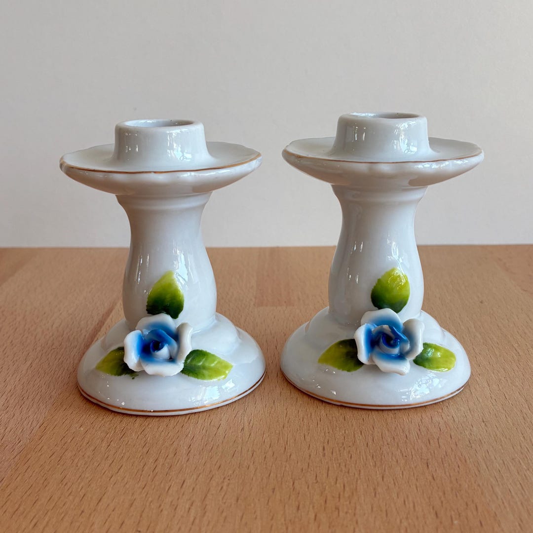 Vintage Porcelain Candlestick Set...blue Flower Pillar Candle Holders ...
