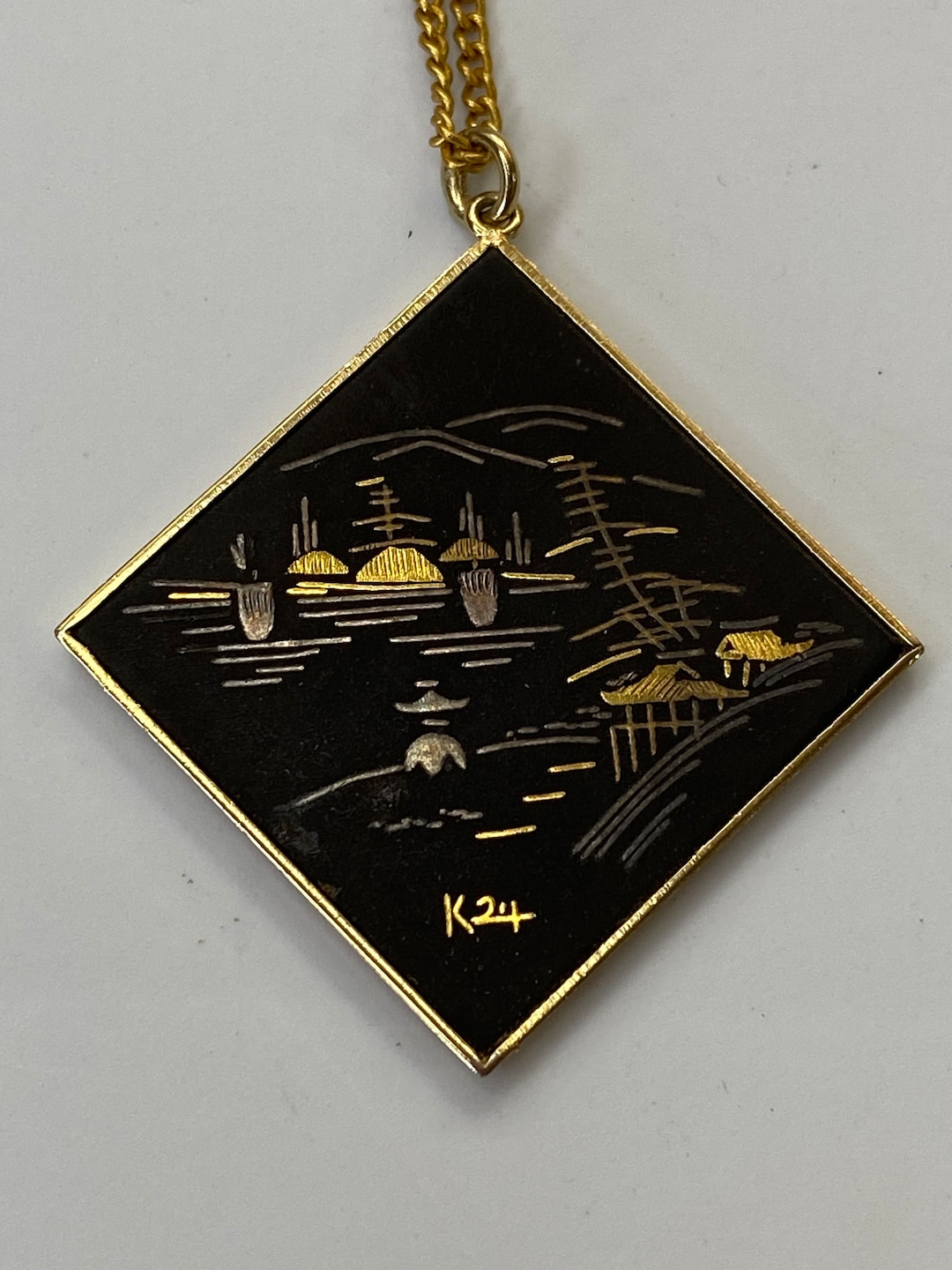Vintage Amita Damascene Pendant: 24K Gold & Silver Inlay, Japanese ...