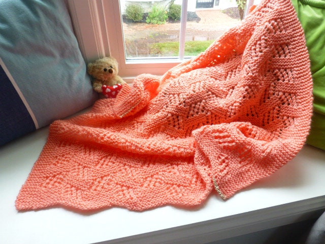 Lace and Knit Tilted Block Baby Blanket in Peach Yarn - Etsy