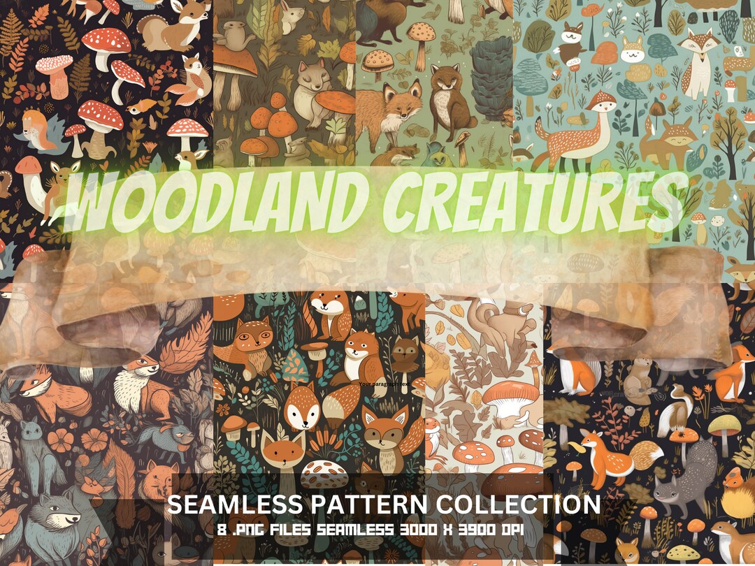 Woodland Creatures Seamless Patteerns, Digital Asset Bundle. Contains 8 ...