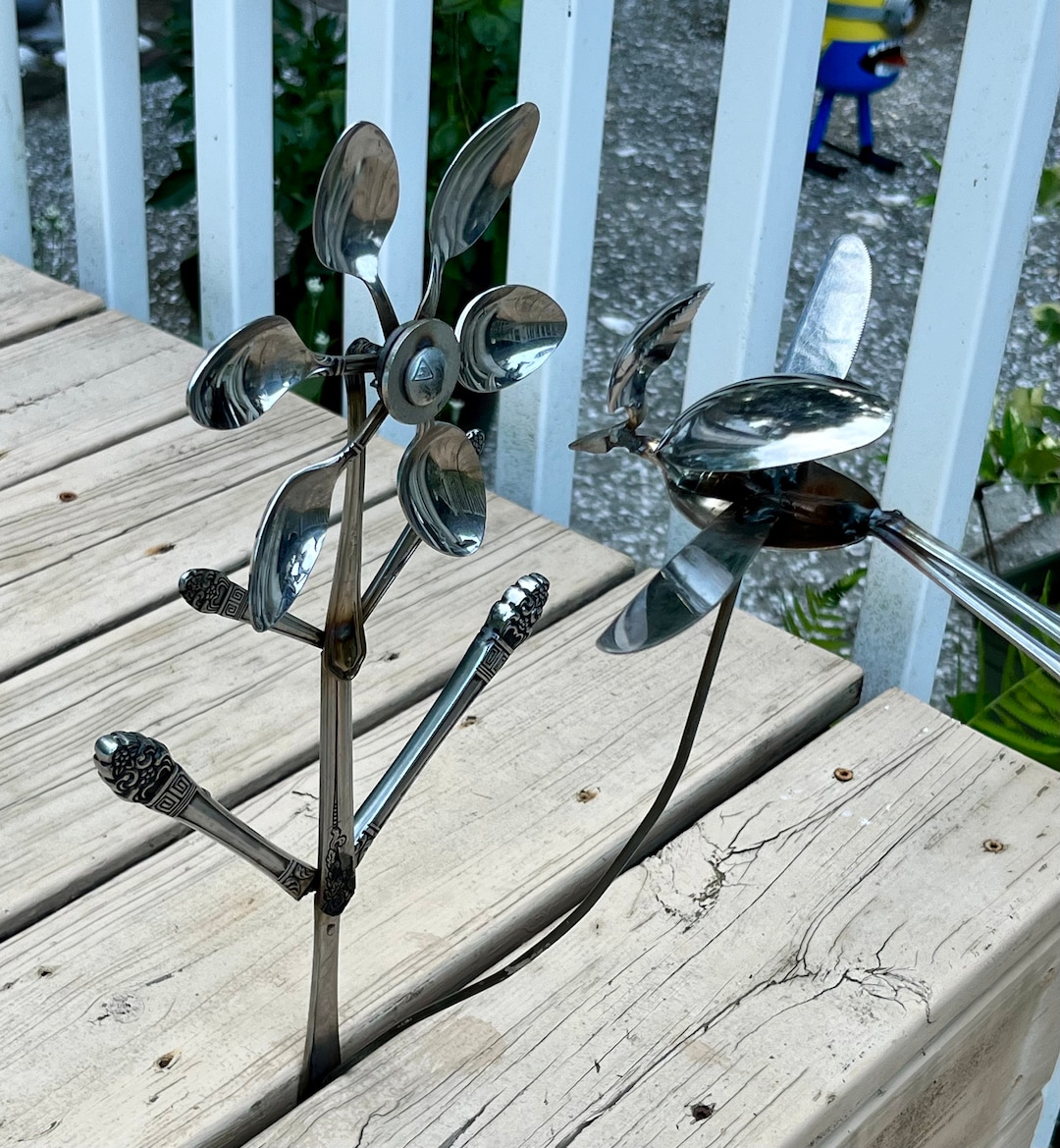 Silverware Hummingbird & Flower Sculpture - Etsy