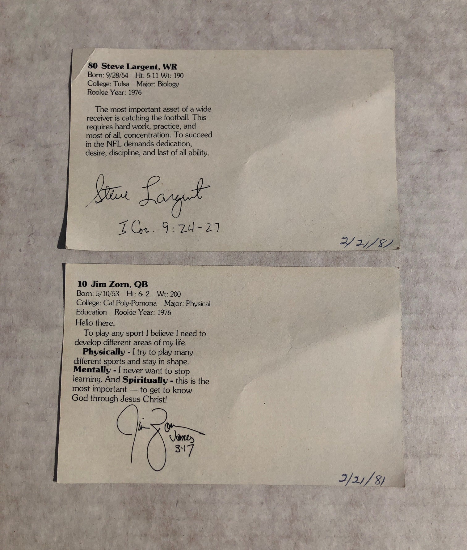 1981 SEATTLE SEAHAWK AUTOGRAPHS Steve Largent & Jim Zorn Football ...