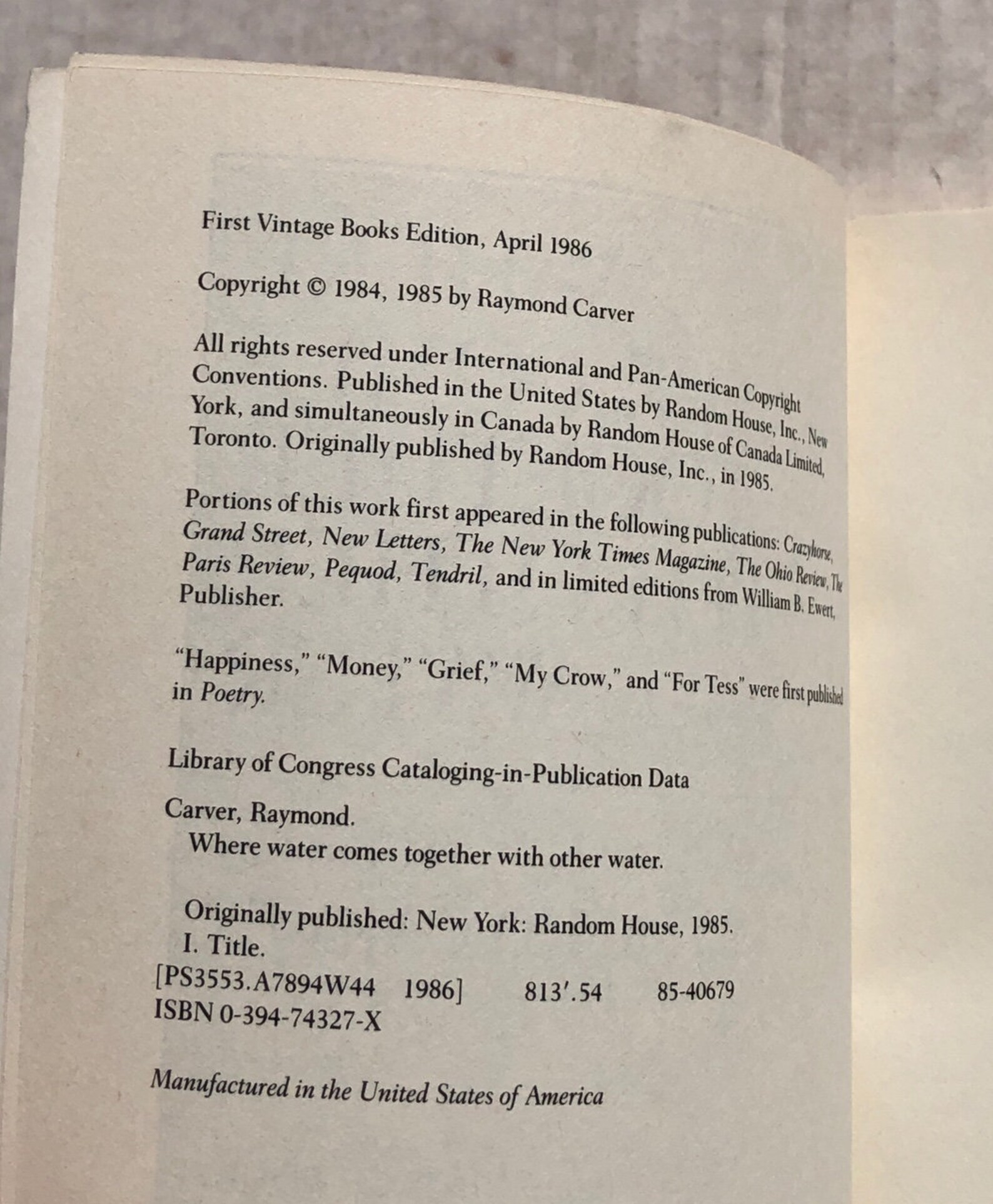 RAYMOND CARVER 1986 Water Comes Together With Other Water POETRY Book ...