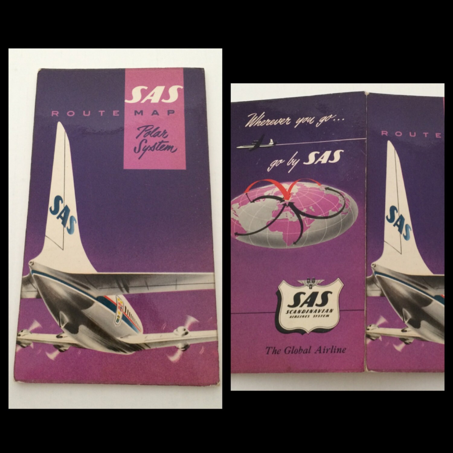 SAS 1950's Airlines Scandinavian fold-out Route Map Polar | Etsy