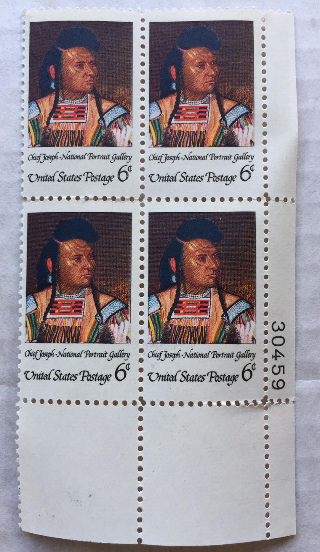 1968 CHIEF JOSEPH 6 Cent Postage STAMPS - Block of Four Native American ...