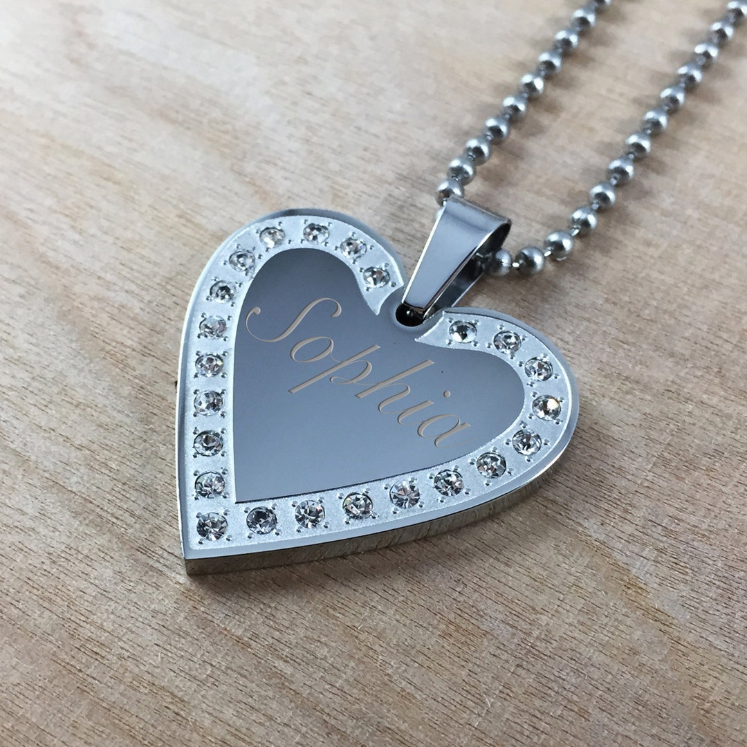 Engraved Necklace, Custom Heart Pendant, Monogrammed Ladies Gem Paved ...