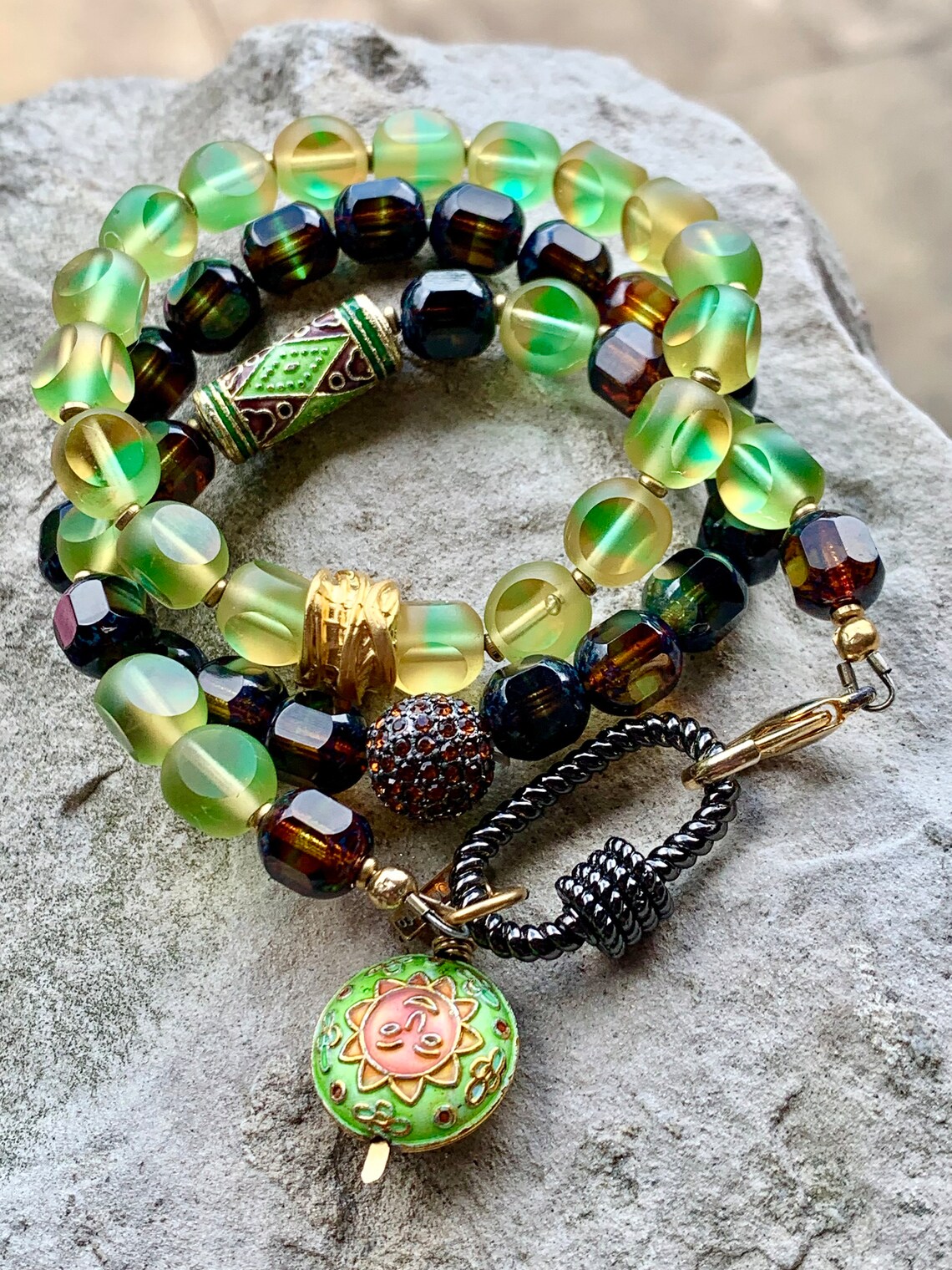 Green Brown Czech Glass Triple Bracelet Set, Enamel Charms - Etsy