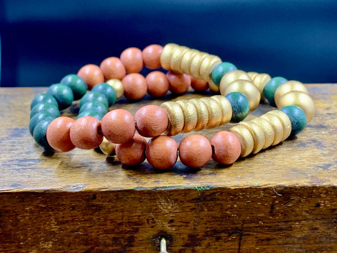 Handmade Bracelet, Rustic Colored Wood, Stretch Bracelets, Gold, Green ...