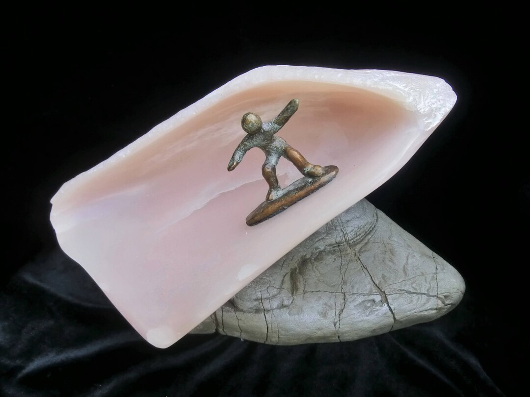 WAVE Pink Soapstone Sculpture With Massive Bronze Surfer/ Green Patin ...
