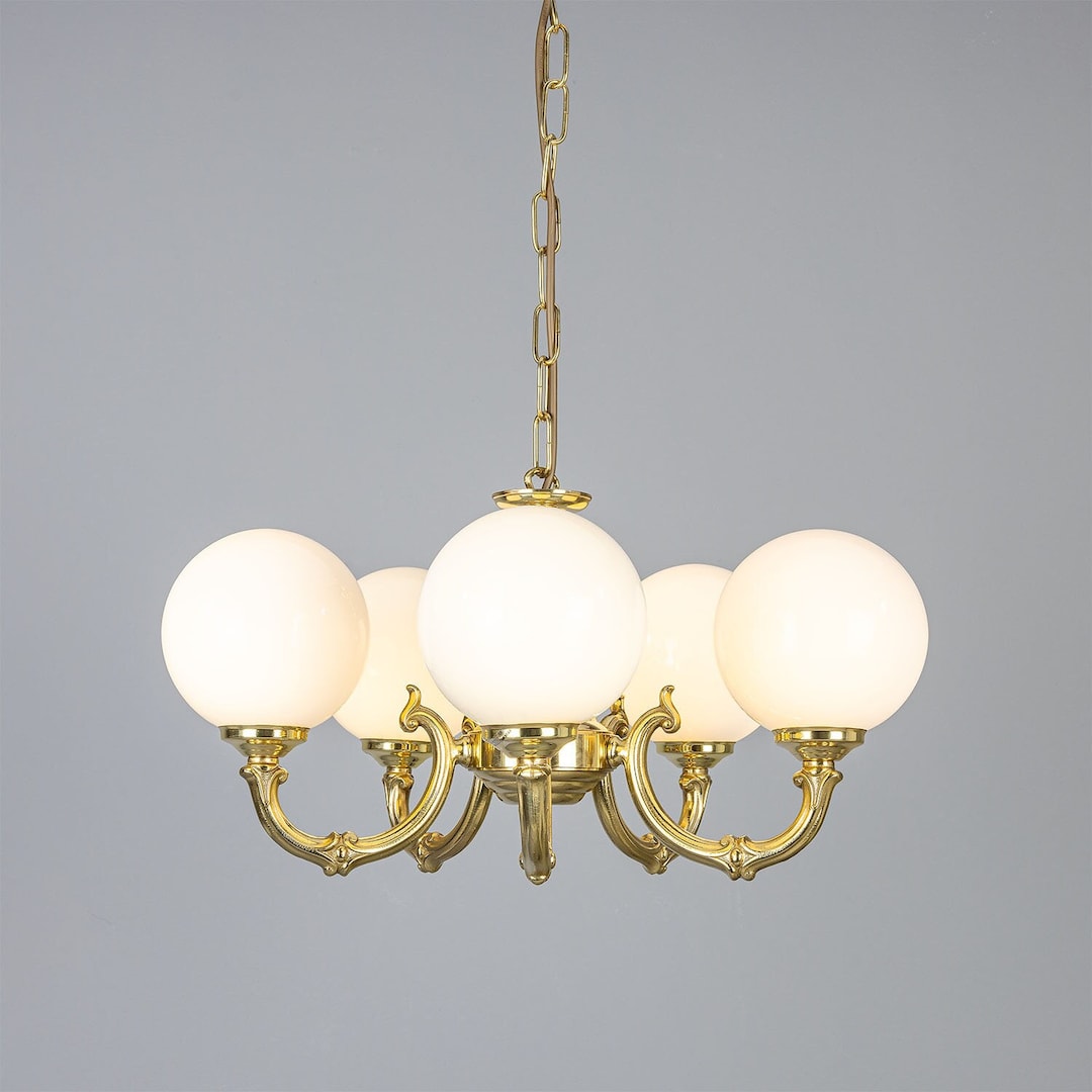 Ben Ornate Brass Chandelier With Opal Glass Globes, Five-arm - Etsy