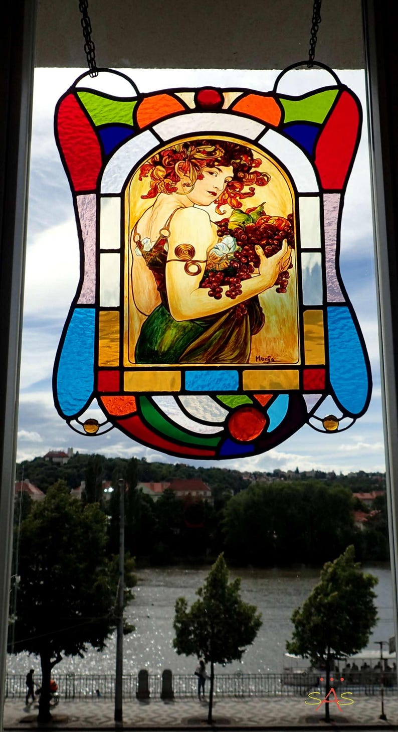 Alphonse Mucha Fruit. Stained Glass Window Panel. Original Hand-painted ...