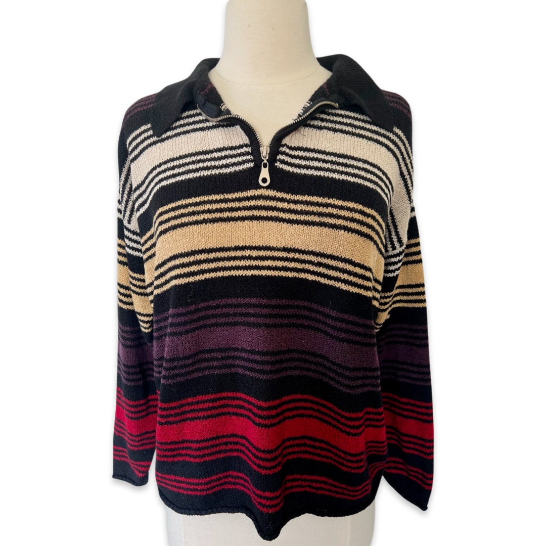 Vintage Express Tricot Knit Sweater Rainbow Striped 1/4 Zip Oversized ...