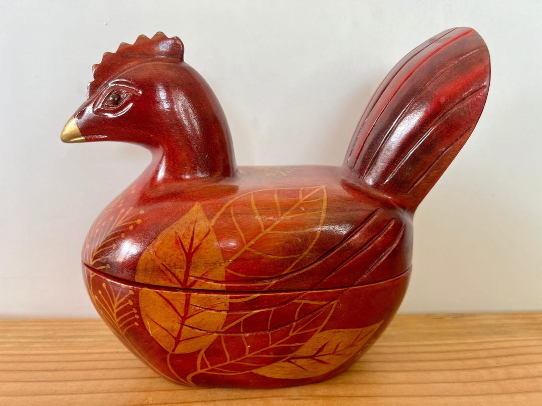 Vintage Wood Chicken Rooster Trinket Box Lacquered Hand Painted ...