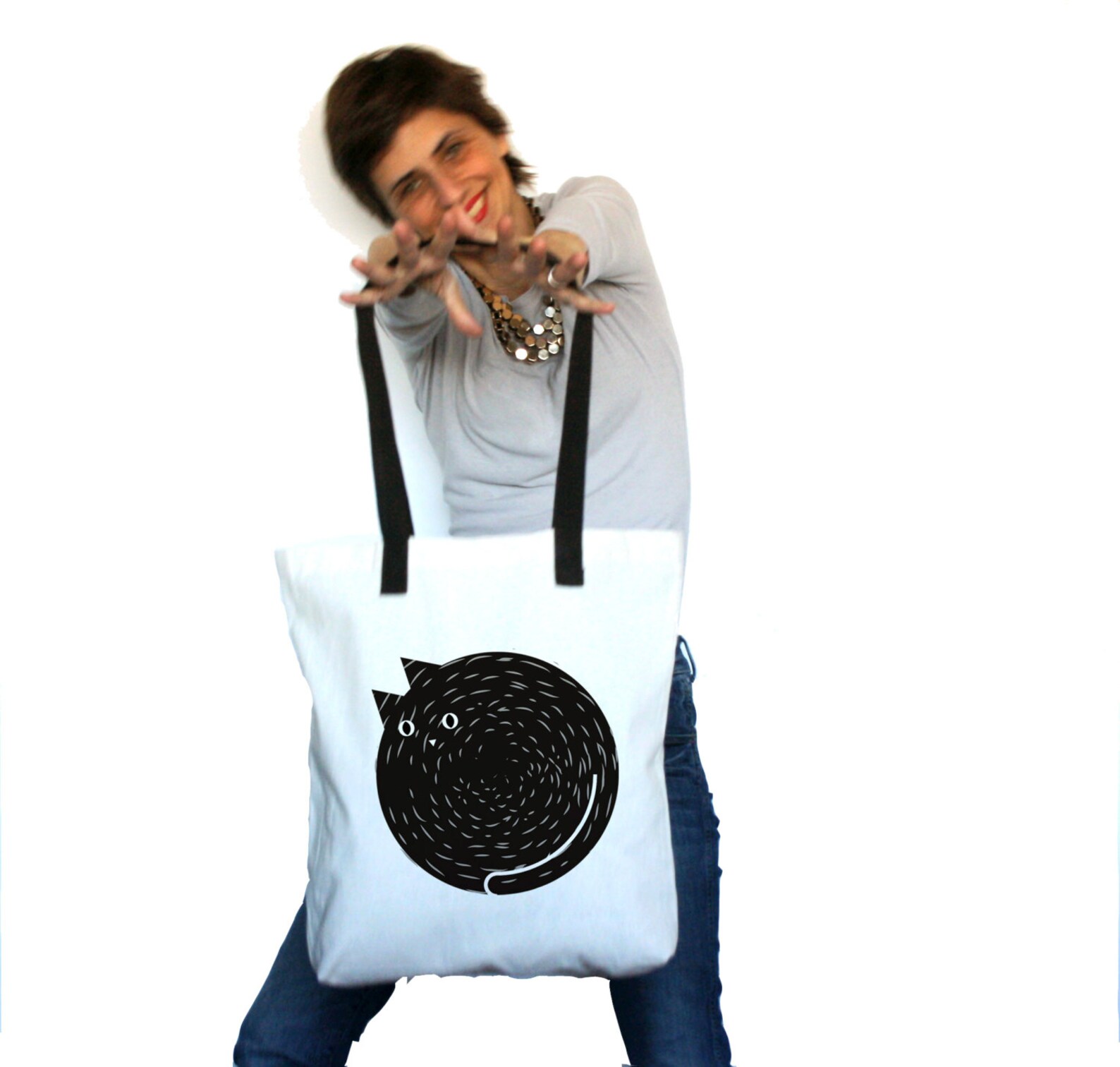 Black Cat Tote Bag With a Funny Fat Cat Canvas Tote Bag With - Etsy