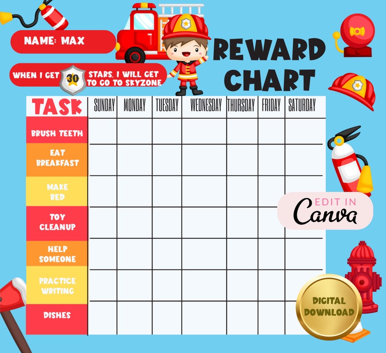 Editable Fireman Reward Chart, Firemen Sticker Chart, Pink Purple ...
