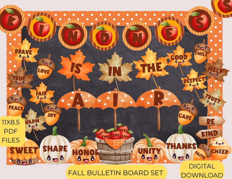Fall Bulletin Board Set Printable, Kindness Classroom Decor, Autumn ...