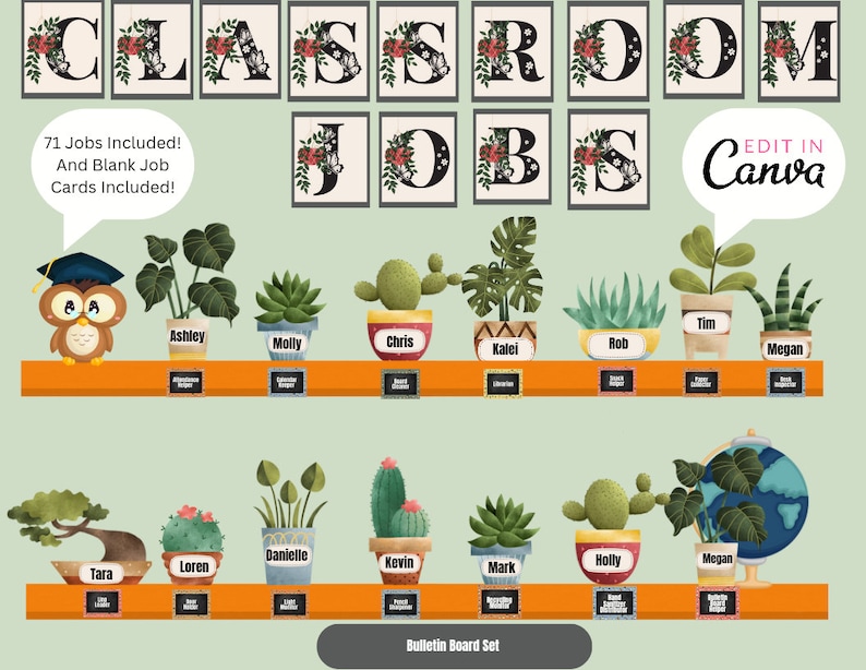 Succulents Classroom Jobs Bulletin Board Set, Editable Bulletin Board ...