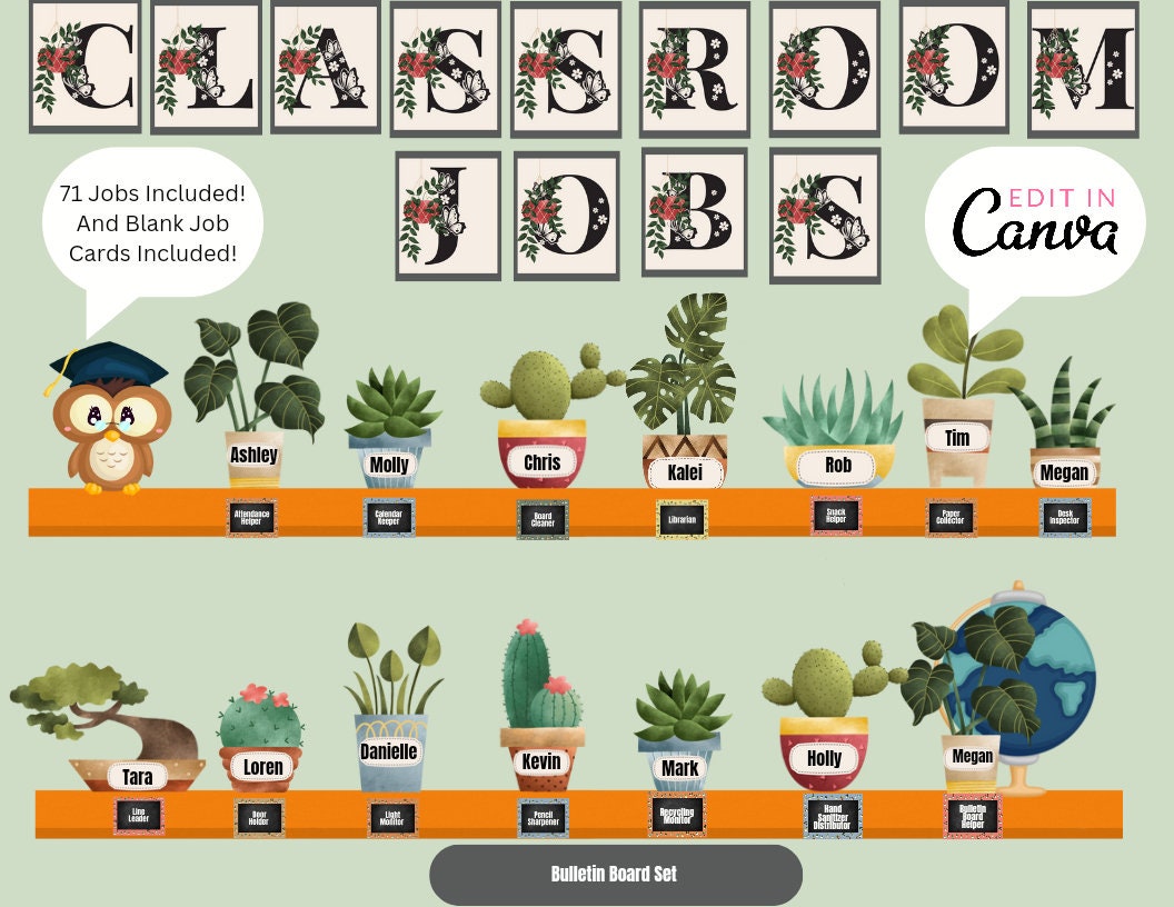 Succulents Classroom Jobs Bulletin Board Set, Editable Bulletin Board ...