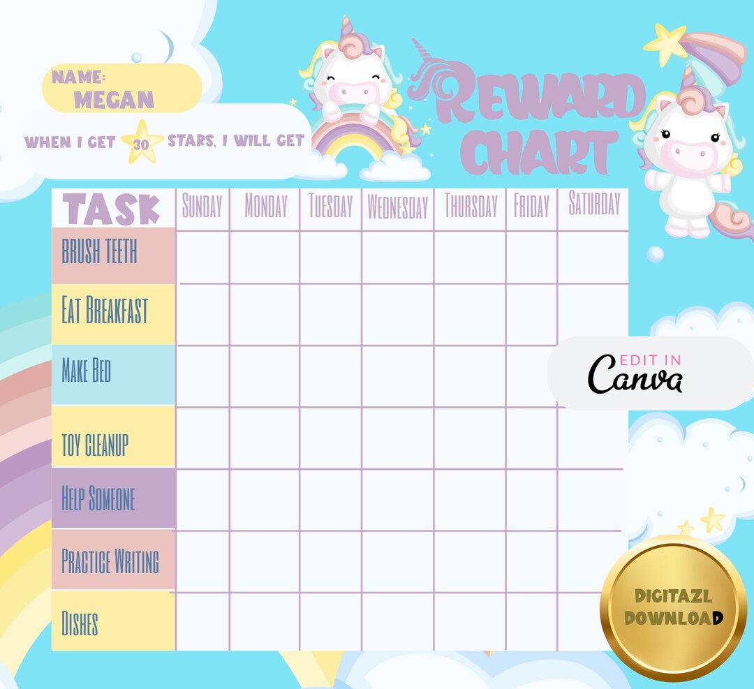 Editable Unicorn Reward Chart, Rainbow Sticker Chart, Pink Purple ...