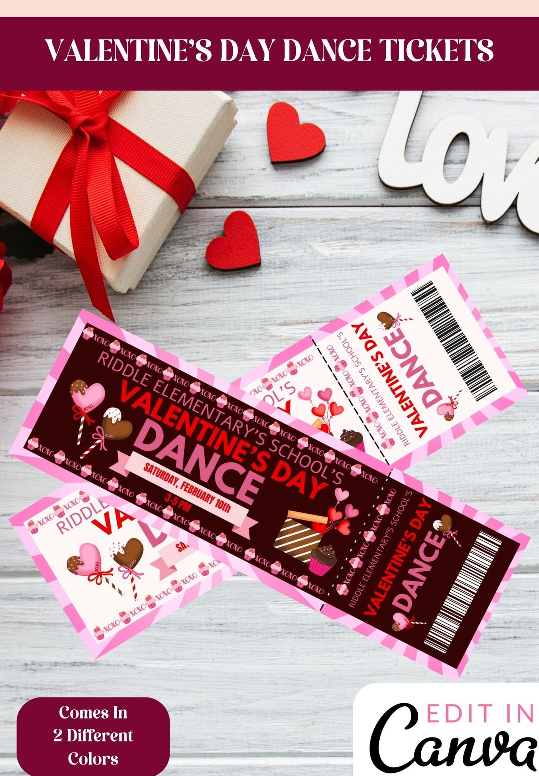 Valentine's Day Dance Ticket, Valentine Editable Template, School Dance ...