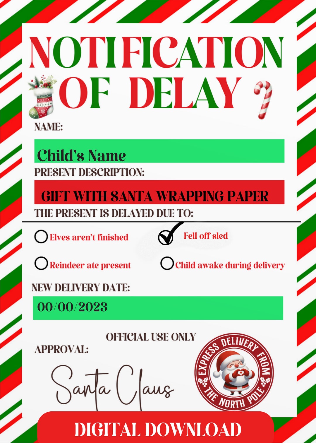 Late Gift Letter From Santa, Delayed Christmas Gift Notice, Missing ...