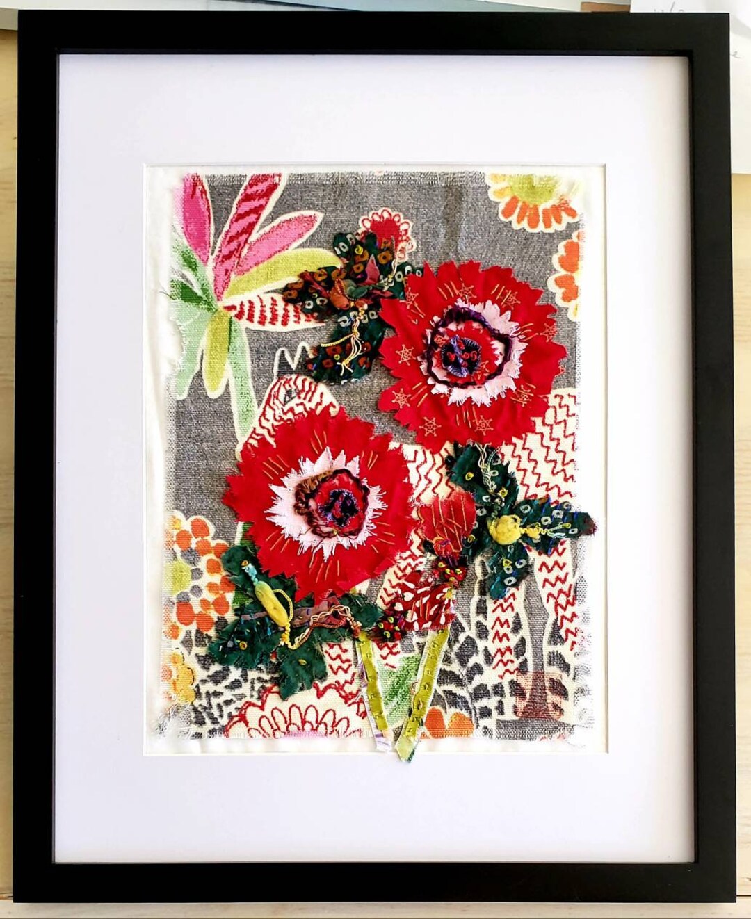 Red Flowers, Sashiko Style Framed Wall Art - Etsy