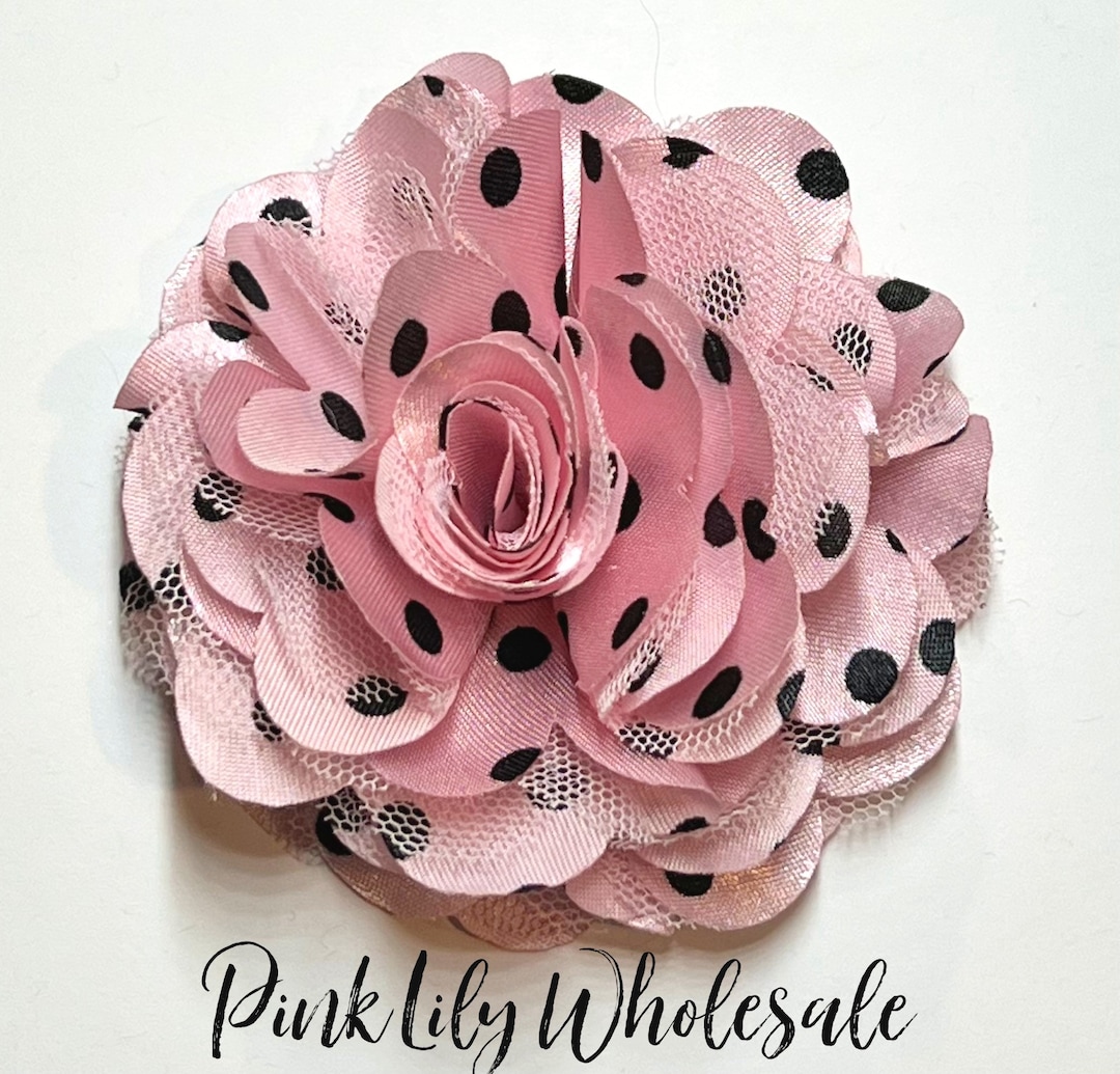 3" Satin Mesh Flower, Pink With BLACK Dots, Satin Tulle Flower, Craft ...