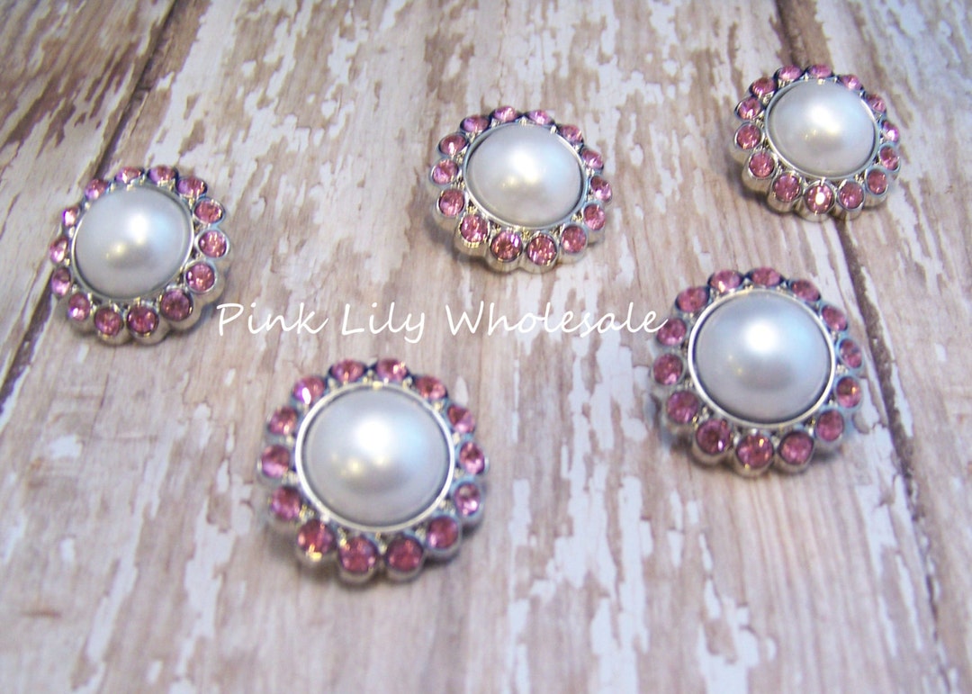 Pearl and Pink Rhinestone Acrylic Button - SET OF FIVE, Wholesale ...