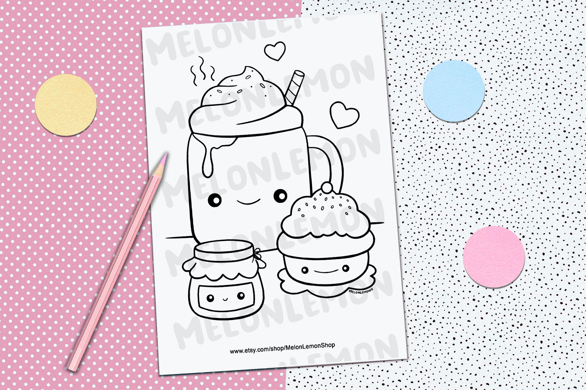 PRINTABLE COLORING PAGE Hot Cocoa Muffin Jam Sweet Kawaii Illustrations ...