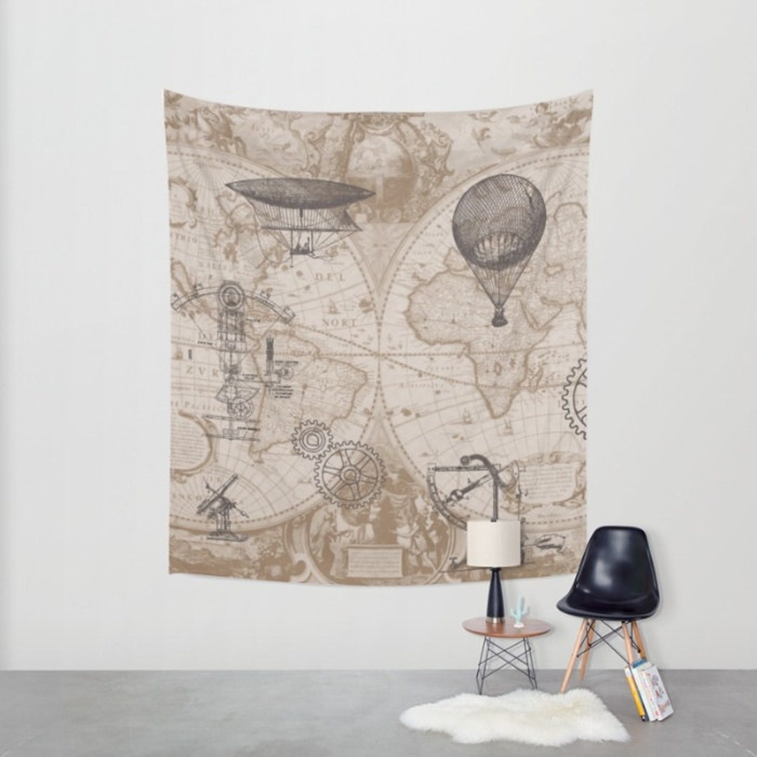 World Map Tapestry Wall Hanging - Steampunk Design Antique Map Print ...