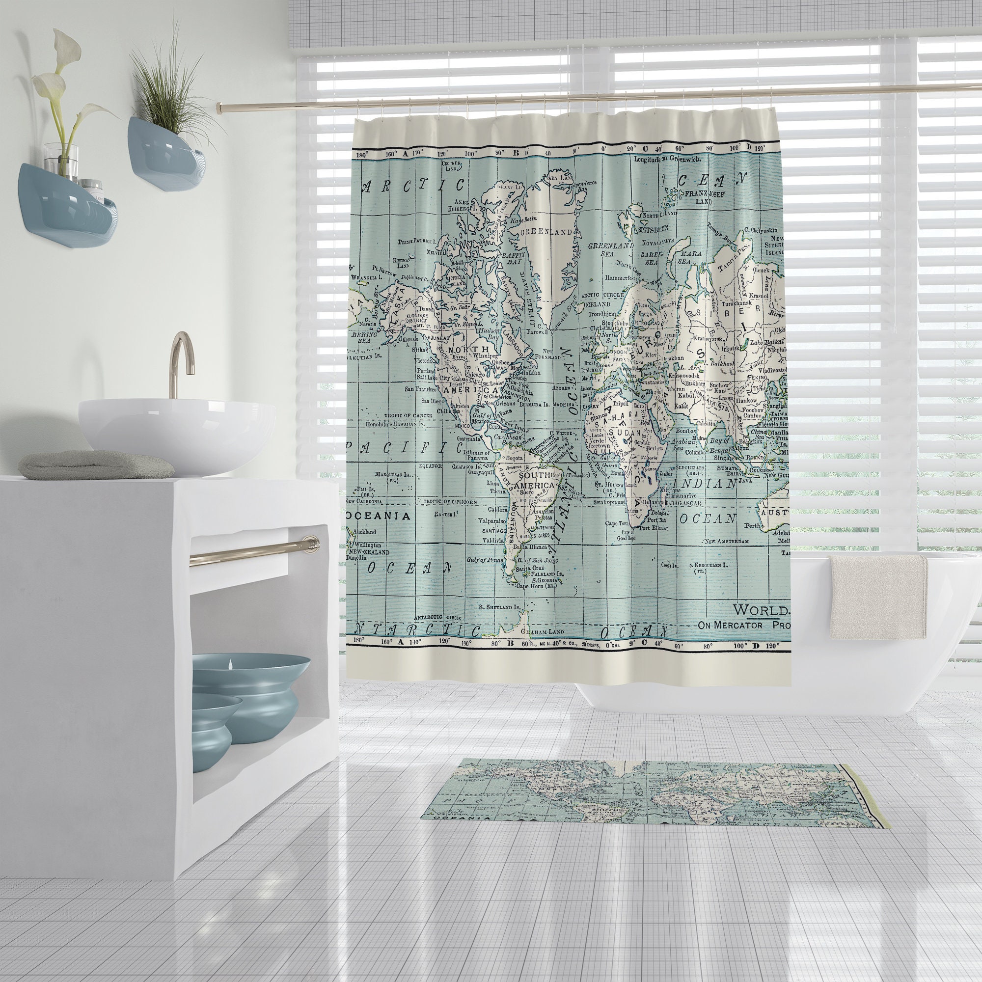 Blue and White Map Shower Curtain - Travel Decor World Map Bathroom ...