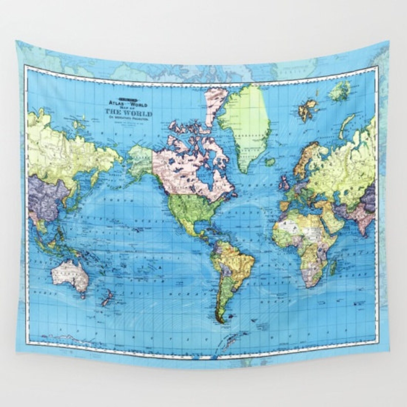 World Map Tapestry Wall Hanging Vintage Mercator Map Blue - Etsy