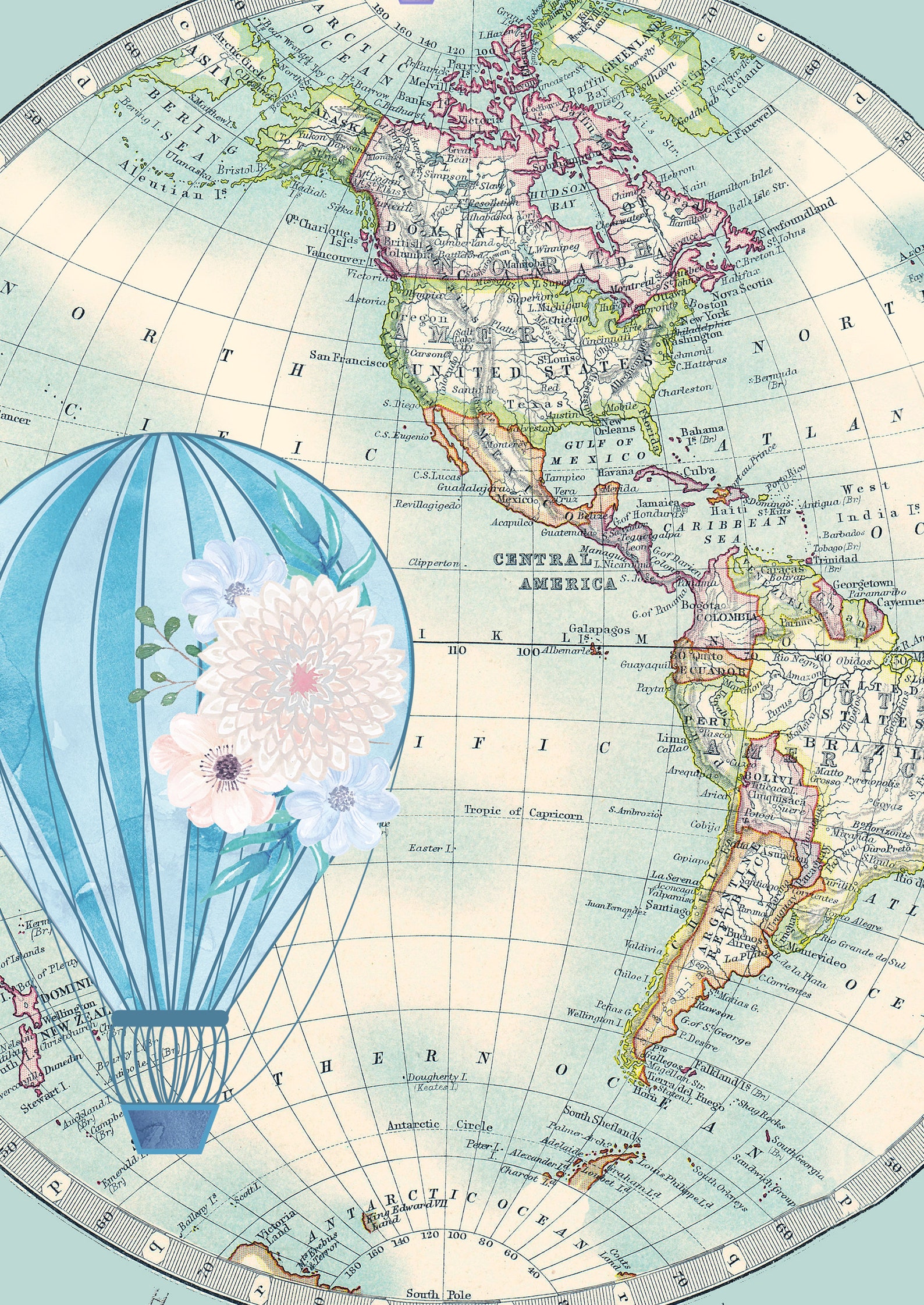 Hot Air Balloon and Map Art Print Wall Art Young Nursery | Etsy