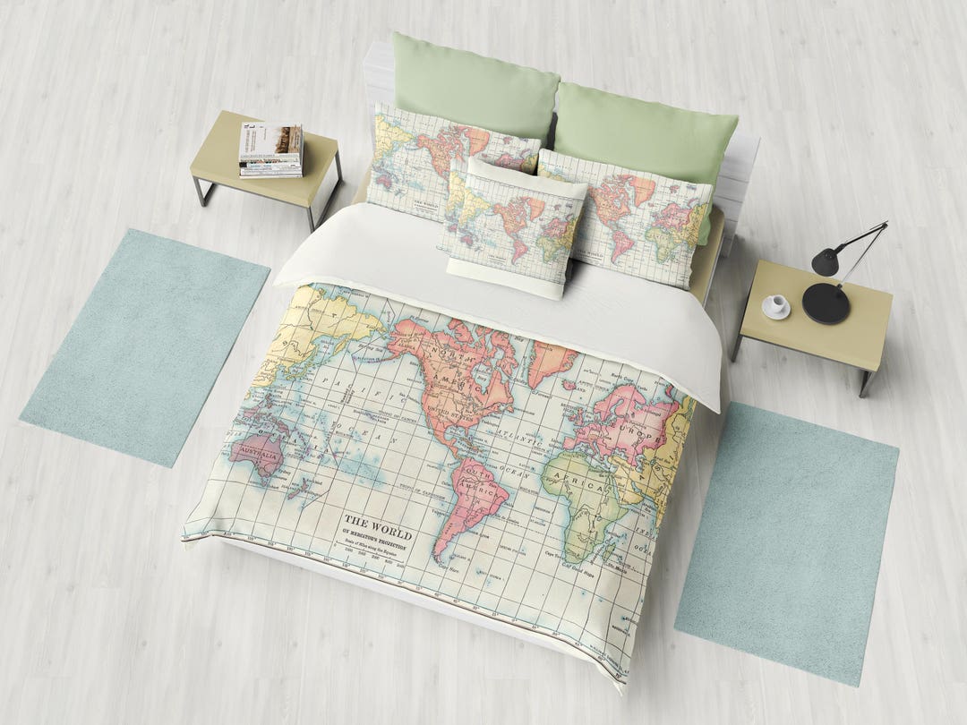 World Map Duvet Cover - Map of Continents - Bed - Bedroom, Travel Decor ...