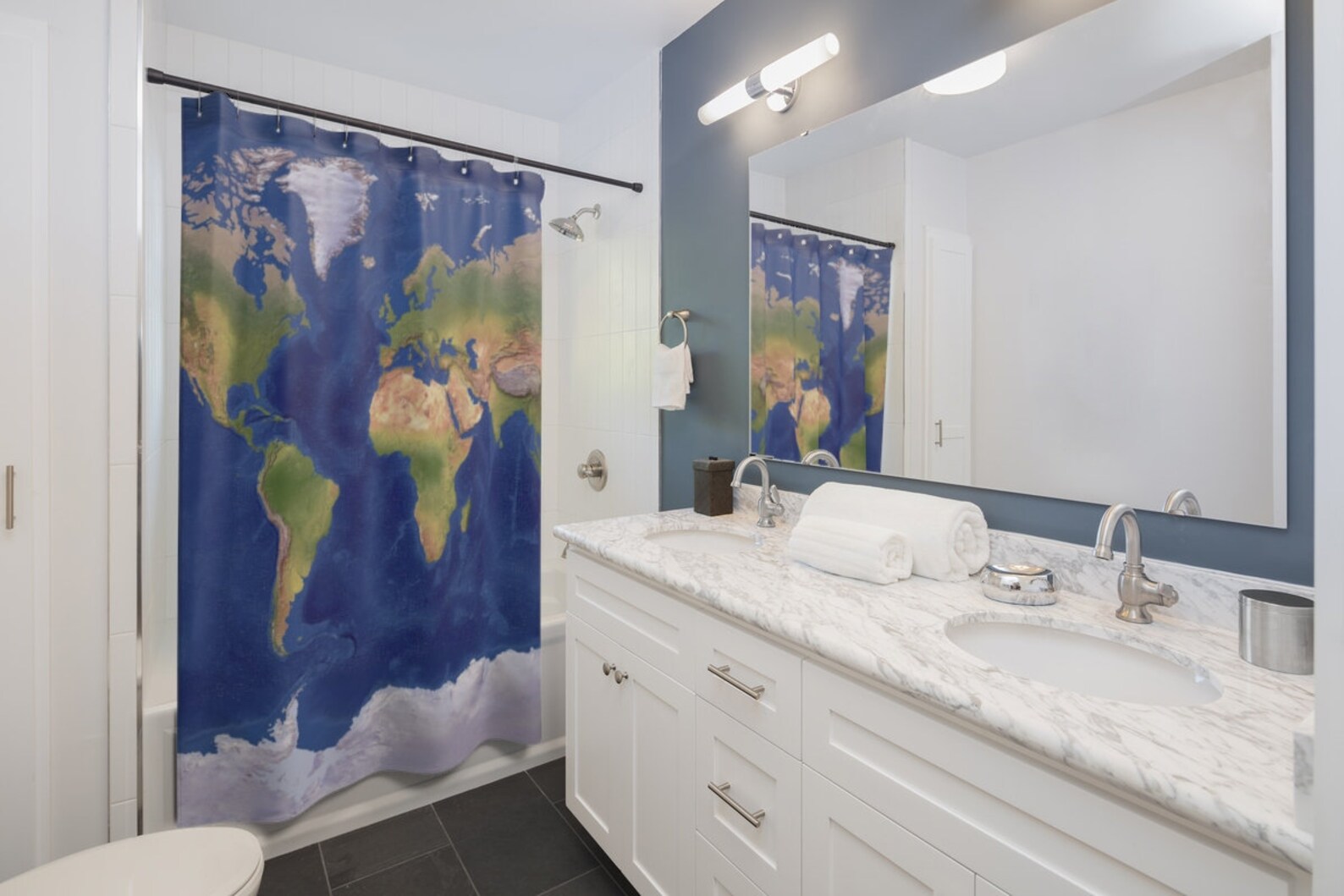 Modern World Map Shower Curtain Blue World Topographical Map | Etsy