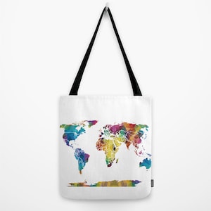 World Map Tote Bag, Colorful Geometric Travel Theme Tote, Everything ...