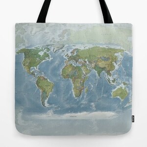 World Map Tote Bag, Modern Topographical Atlas Map Theme Tote ...