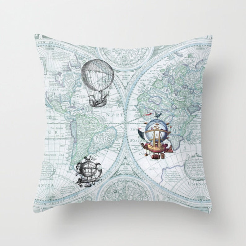 Hot Air Balloon Pillow Throw Pillow Maps Steampunk Decor - Etsy