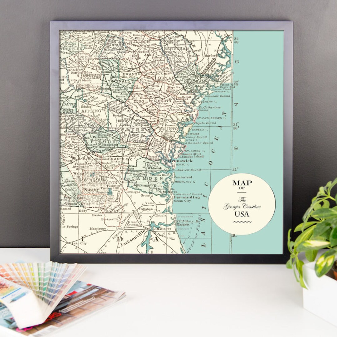 Georgia Shoreline Map Framed Print - Matte Poster Print, Wall Decor ...