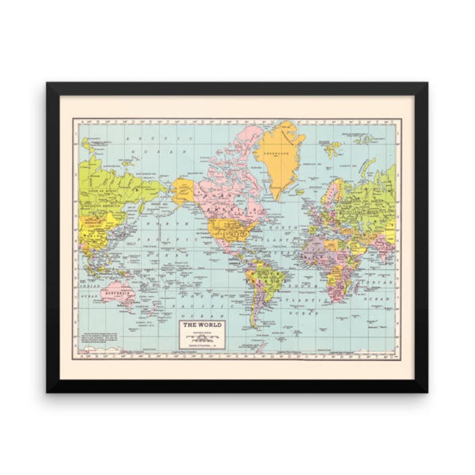 World Map Framed Print Vintage World Map Print Travel - Etsy