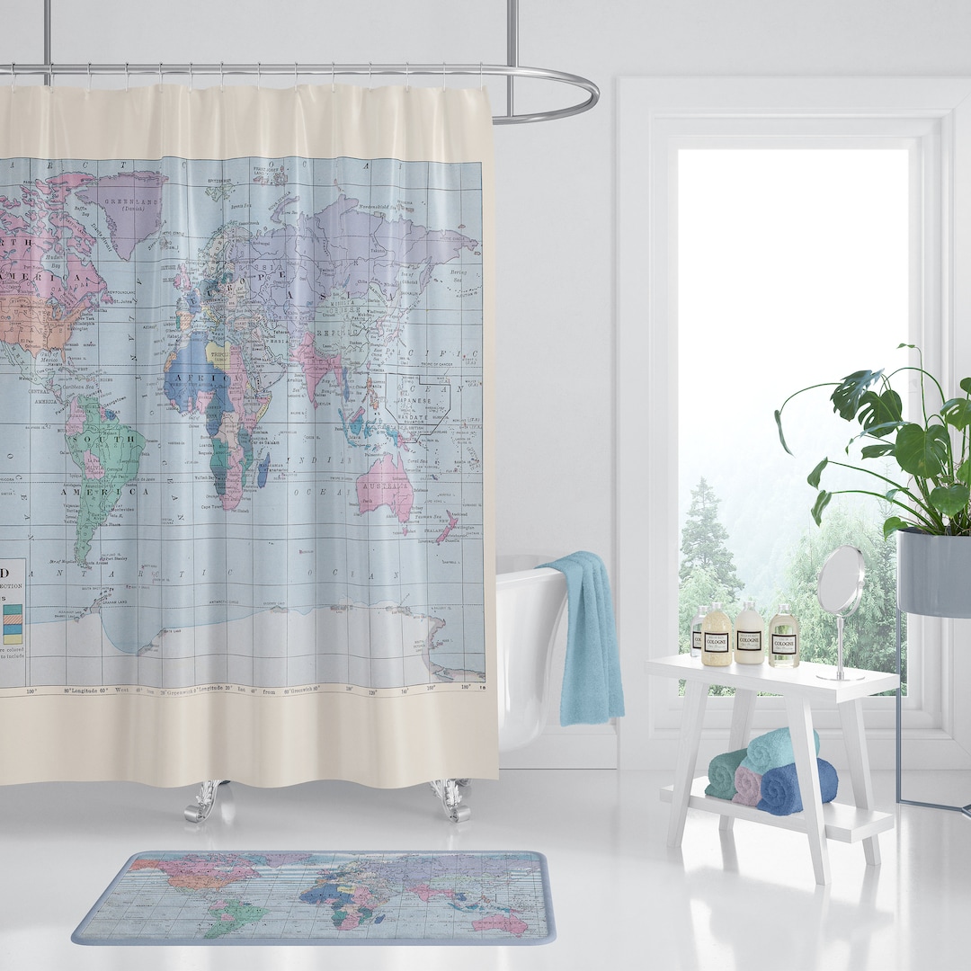 Vintage World Map Shower Curtain: Travel Theme Bathroom Decor - Etsy