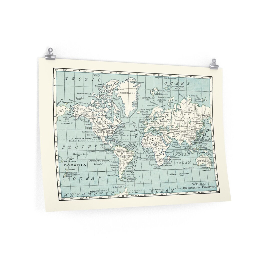 Blue and Cream World Map Large Premium Matte Print - Etsy