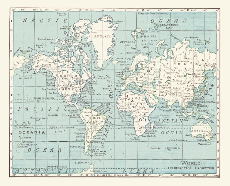 Blue and Cream World Map Large Premium Matte Print - Etsy