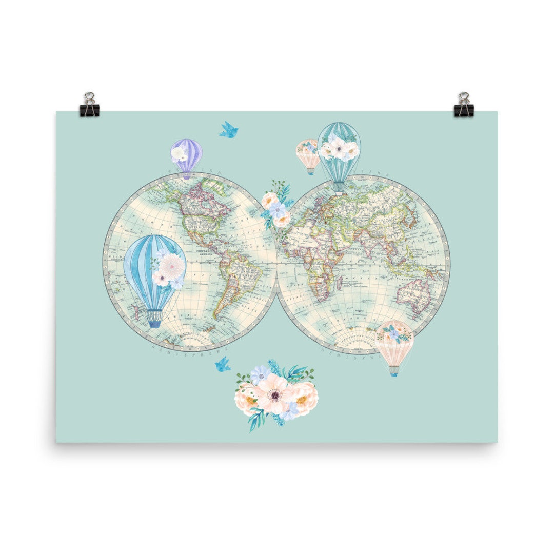 Hot Air Balloon Map Art Print: Pastel Nursery Travel Theme - Etsy