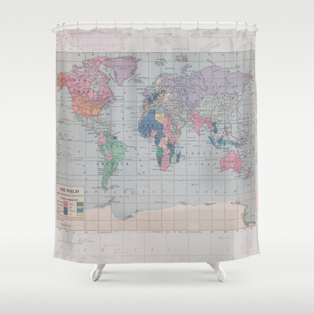 World Map Shower Curtain - Historical Map - Fabric Curtain, Wanderlust ...