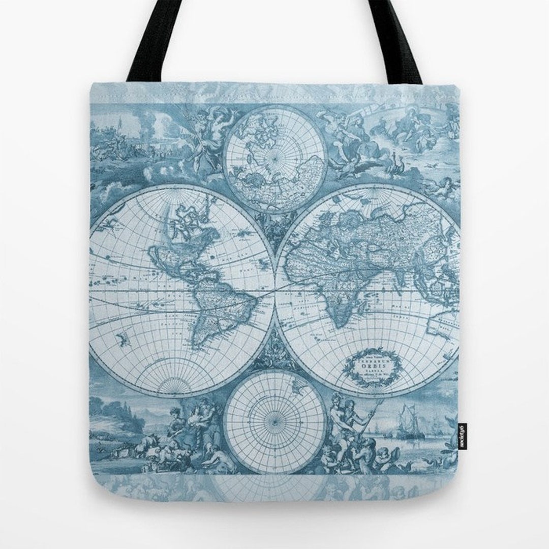 Blue World Map Tote Bag, Antique Double Hemisphere Map Everything Bag ...