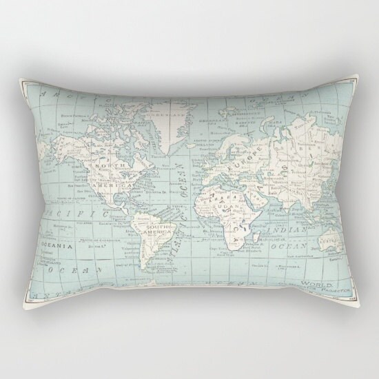 World Map Pillow World Map Travel Decor Blue and Cream | Etsy