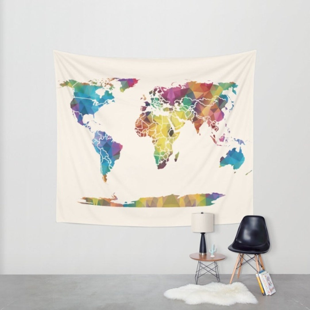 World Map Tapestry Wall Hanging - Geometric Map, Jewel Tones, Triangles ...