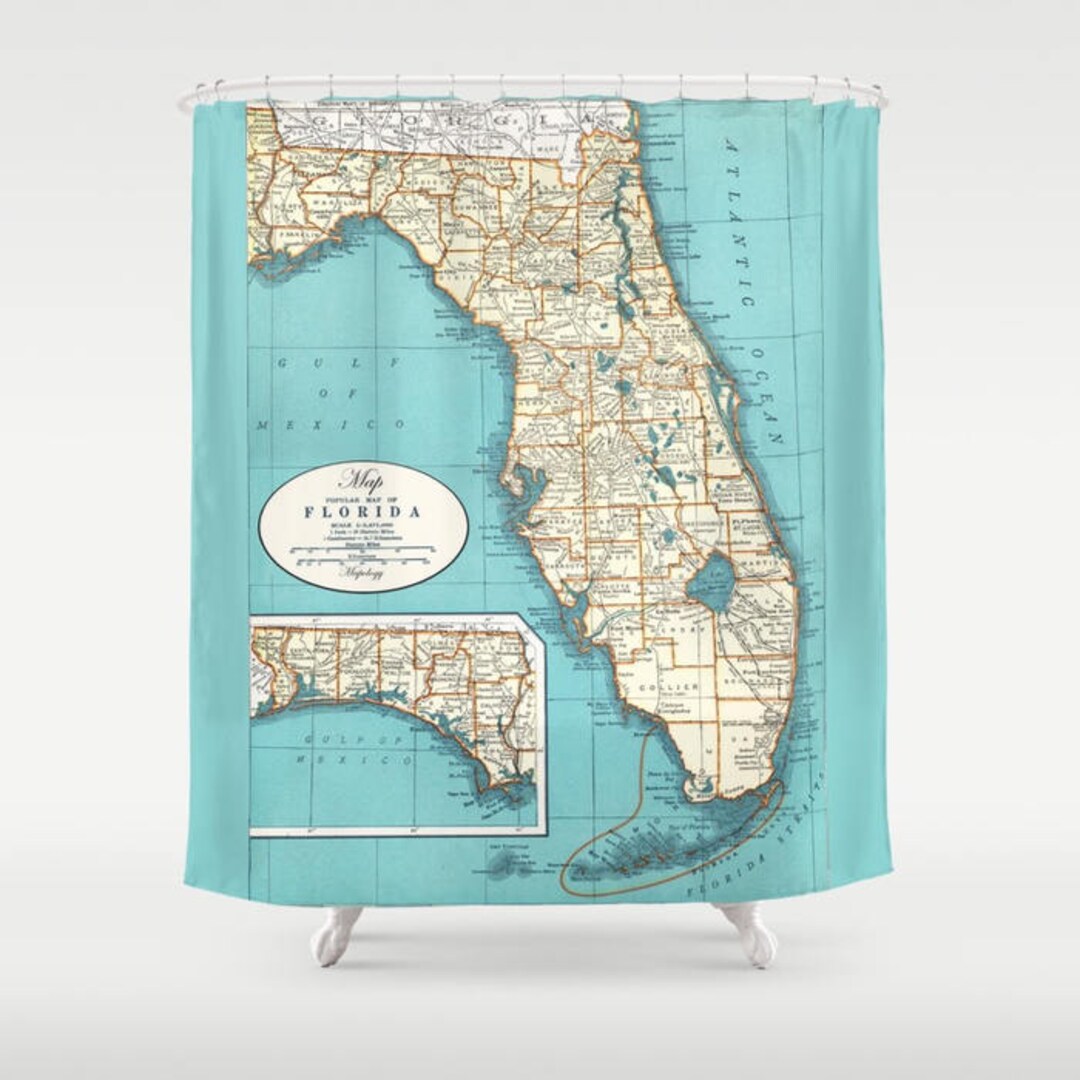 Vintage Florida State Map Shower Curtain: Soft Teal Coastal Decor - Etsy